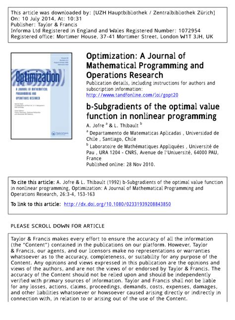 Pdf B Subgradients Of The Optimal Value Function In Nonlinear Programming