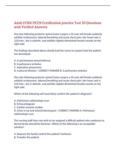 Adult Ccrn Pccn Certification Practice Test 50 Questions With Verified Answers 100 Correct