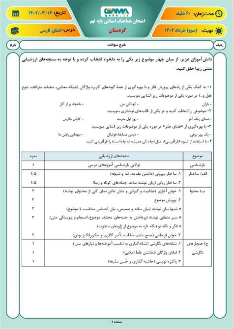 امتحان هماهنگ استانی خرداد 1402 انشای فارسی پایه نهم استان کردستان گاما