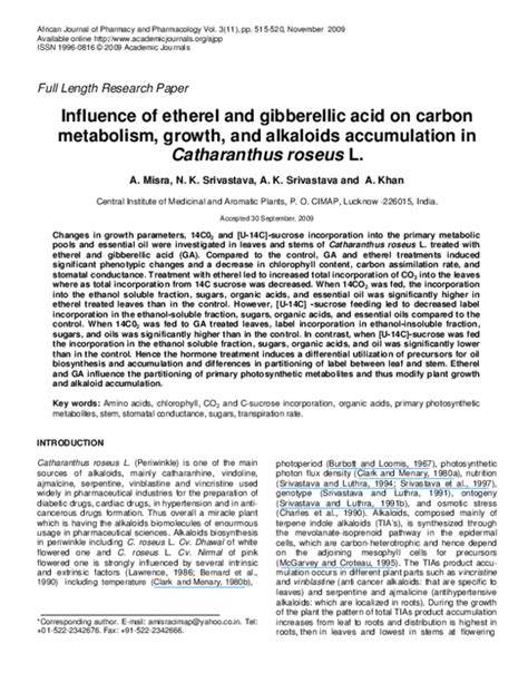 Pdf Influence Of Etherel And Gibberellic Acid On Carbon Metabolism