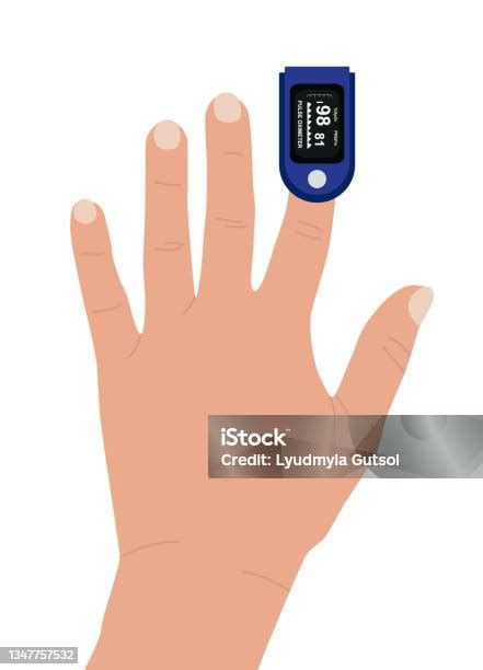 손가락 끝 펄스 산소계 산소 포화도 및 심박수를 측정하기 위한 의료 기기 코로나바이러스 환자를 식별하기 위한 휴대용 장비 펄스 옥시미터 손 플랫 벡터 일러스트레이션 맥박
