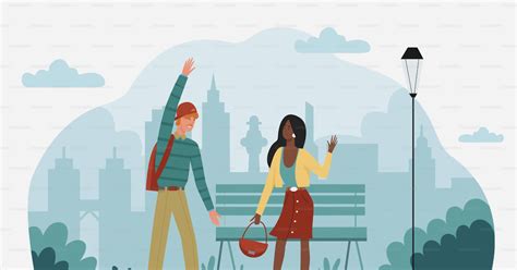 커플이나 친구들에게 인사하는 사람들 벡터 그림 만화 젊은 쾌활한 남자 여자 캐릭터는 손을 흔들고 서로 인사하고 이야기하고 도시 거리나 공원에서 만나 흰색으로 고립되어