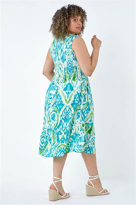 Blue Curve Aztec Shirred Bust Midi Dress Roman UK