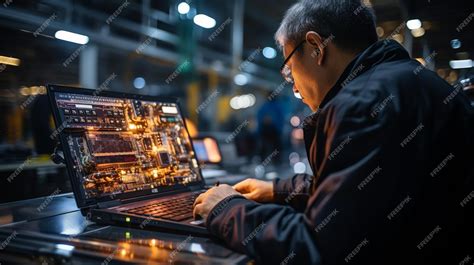 premium photo an engineer with a laptop a huge machine that is fully