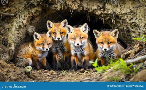 Curious Fox Cubs Vulpes Vulpes Sitting Together And Peeking Out From