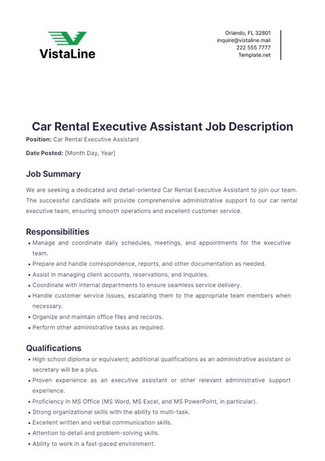 Free Car Rental Executive Assistant Job Description Template To Edit Online
