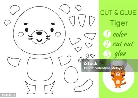 색칠 잘라 및 접착제 종이 작은 호랑이 공예품 활동 페이지를 잘라내어 붙여 넣습니다 미취학 아동을위한 교육 게임 Diy 워크 시트 어린이 논리 게임 퍼즐 벡터 스톡 일러스트