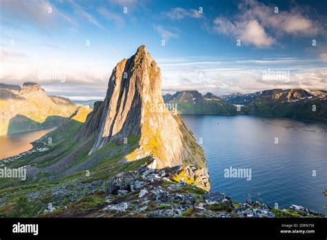 Steep Mountain Segla Fjord Mefjorden With Mountains Island Senja Troms Norway Stock Photo