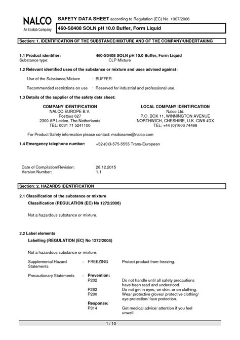 460 S0408 Soln Ph 100 Buffer Form Liquid Msds Download