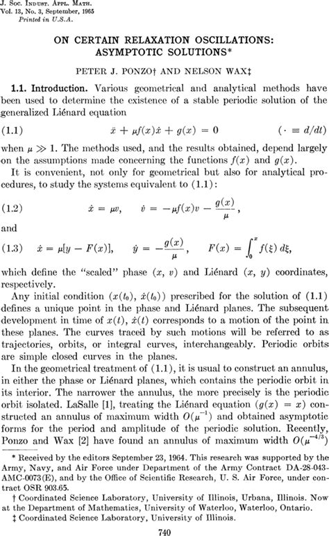 On Certain Relaxation Oscillations Asymptotic Solutions Siam Journal On Applied Mathematics