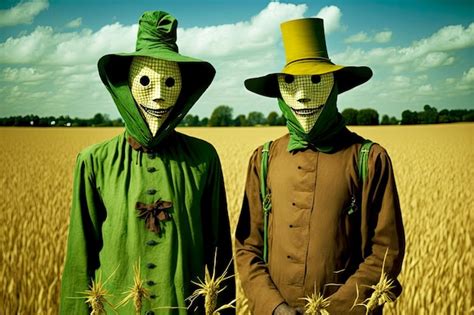 Premium Photo Two Ridiculously Dressed Scarecrows Stand In Field And