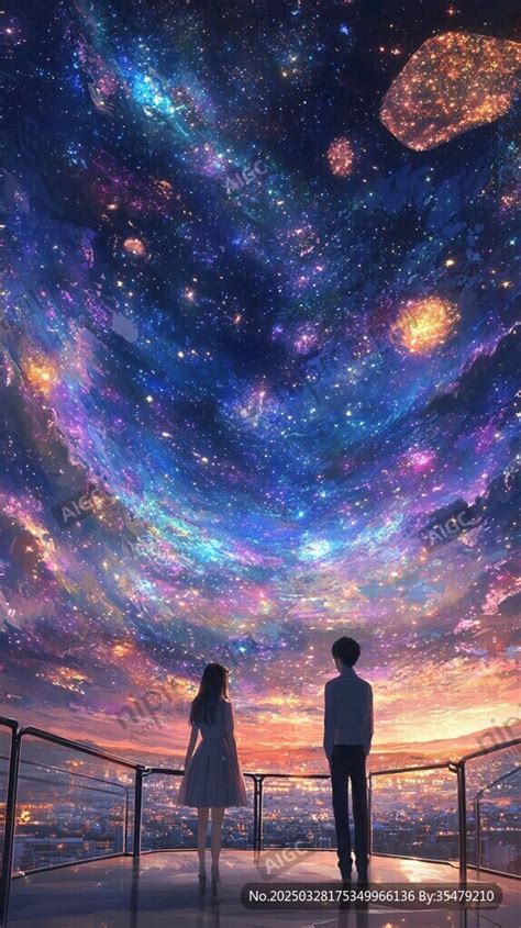 Ai创作图情侣 星空 宇宙 浪漫 夜景 天文 幻想 唯美 繁星 银河 晚霞 建筑 栏杆 背影 自然 昵图网