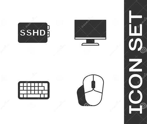 Set Computer Mouse Sshd Card Keyboard And Monitor Screen Icon Vector Stock Vector
