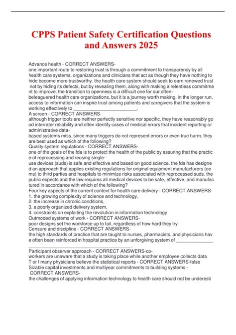 Cpps Patient Safety Certification Questions And Answers 2025 Cpps Stuvia Us