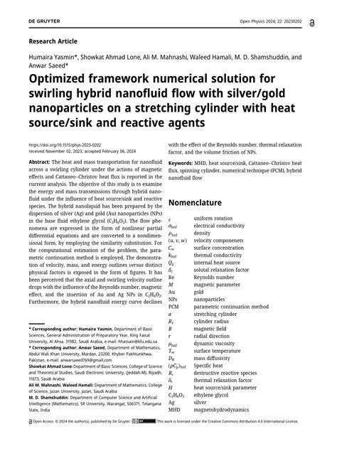 Pdf Optimized Framework Numerical Solution For Swirling Hybrid Nanofluid Flow With Silvergold