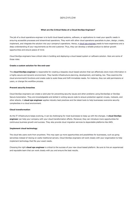 What Are The Critical Roles Of A Cloud Devops Engineer By Deployflow