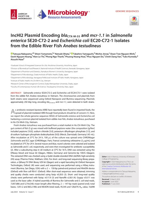 Pdf Inchi2 Plasmid Encoding Blactx M 55 And Mcr 11 In Salmonella Enterica Se20 C72 2 And