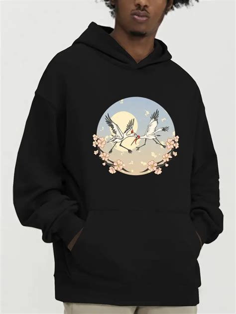 Crane Print Kangaroo Pocket Hoodie Casual Long Sleeve Temu Canada