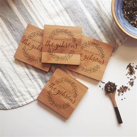 Custom Wood Coasters Personalized Wooden Coaster Set W Engraved Wreath And Optional Cork For