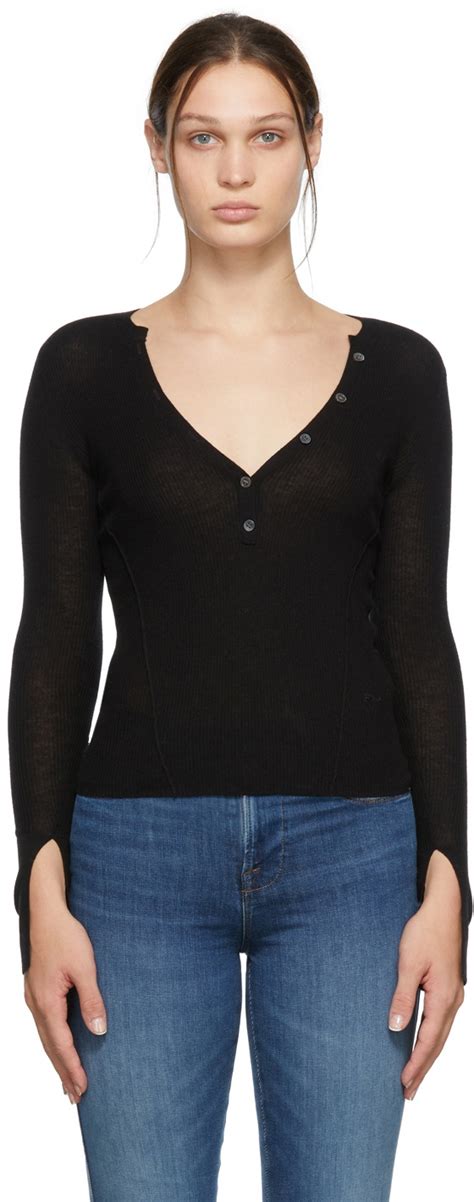 Frame Black Rib Henley V Neck Sweater Frame Denim