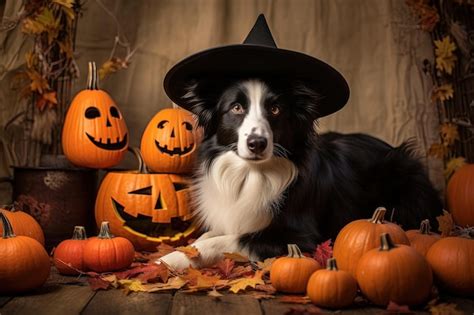 Premium Ai Image Border Collie With Witch Hat On Halloween