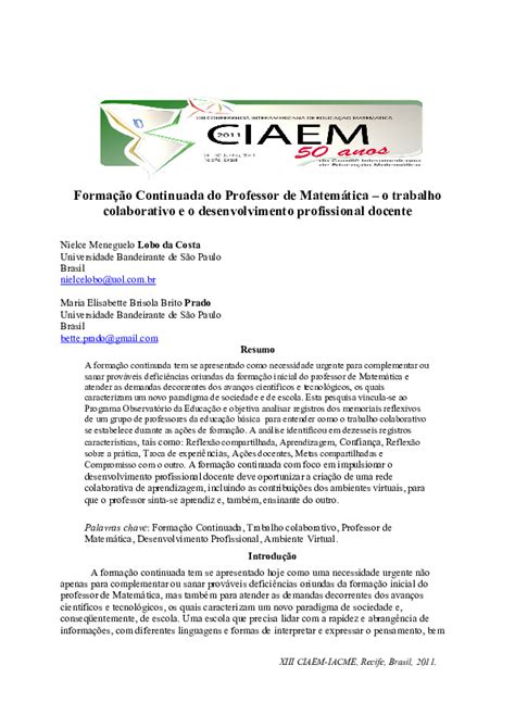 Formação Continuada Do Professor De Matemática O Trabalho