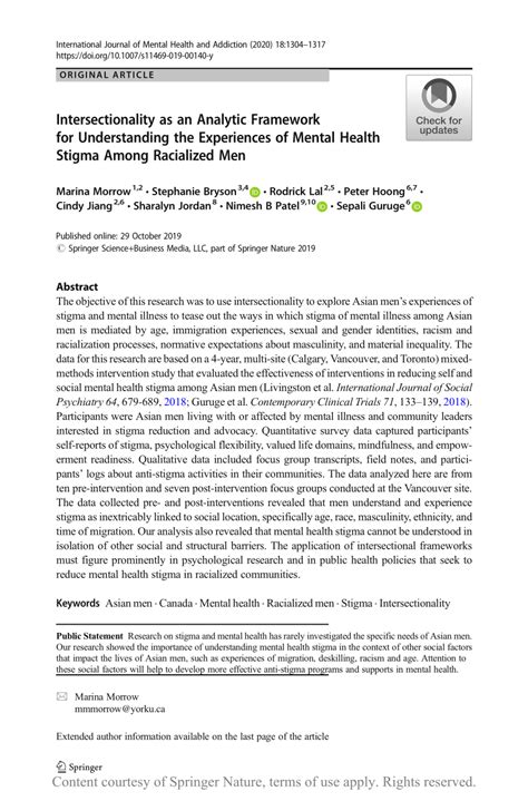 Intersectionality As An Analytic Framework For Understanding The Experiences Of Mental Health
