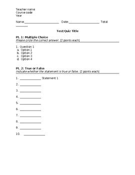 Test Or Quiz Template By Sarah Hanna TPT