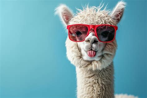 Premium Photo Funny White Alpaca With Red Sunglasses On A Blue