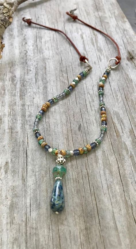 Boho Style Crystal Beaded Necklace With Blue Glass Pendant Etsy