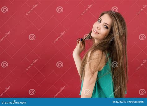 Beautiful Woman On Red Background Stock Image Image Of Look Close