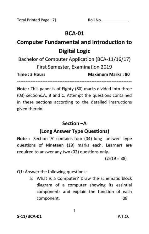 BCA 01 1 Total Printed Page 7 Roll No BCA Computer