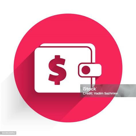 긴 그림자로 고립 된 달러 기호 아이콘이있는 흰색 지갑 지갑 아이콘입니다 현금 저축 기호입니다 빨간색 원 버튼입니다 벡터 일러스트레이션 0명에 대한 스톡 벡터 아트 및 기타