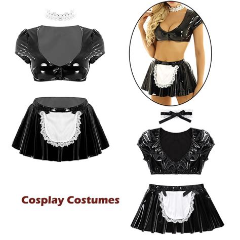 Women French Maid Sexy Lingerie Set Wet Look Leather Cosplay Outfit