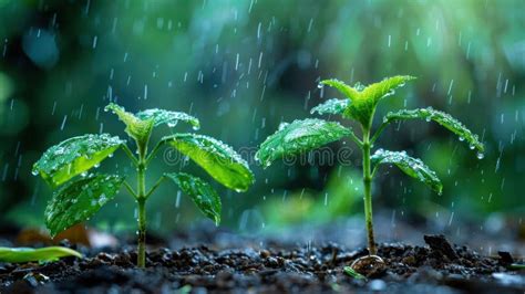 Double Delight Twin Young Plants Thriving In Rainy Ground Stock Illustration Illustration Of