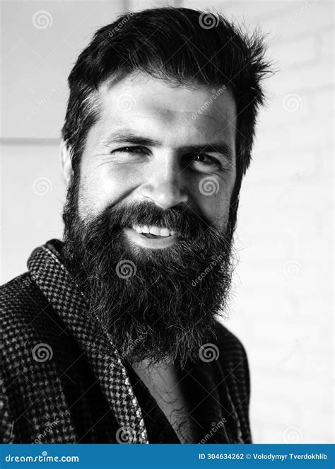 Man With Beard Guy With Smiling Face In Home Or Bath Clothes Copy