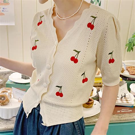 復古鄉村櫻桃針織開襟上衣 MYDRESS 時裳韓風