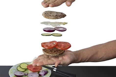흰색 배경에 고립 된 비행 재료와 수제 채식 샌드위치의 전망 0명에 대한 스톡 사진 및 기타 이미지 0명 개념 개념과