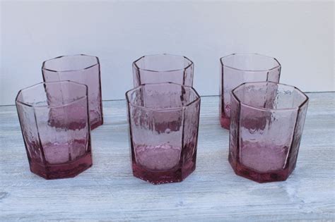 Libbey Facets Drinking Glasses Plum Purple Octagonal Shape Lowballs Set