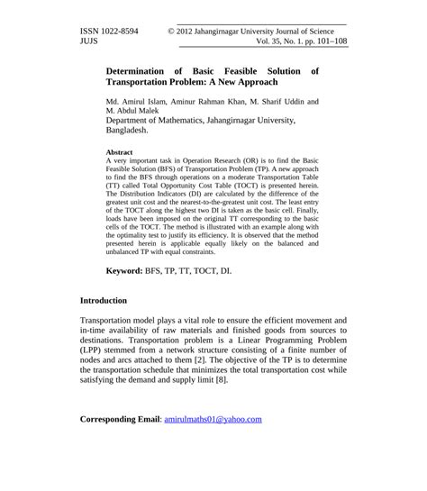 PDF Determination Of Basic Feasible Solution Of Transportation
