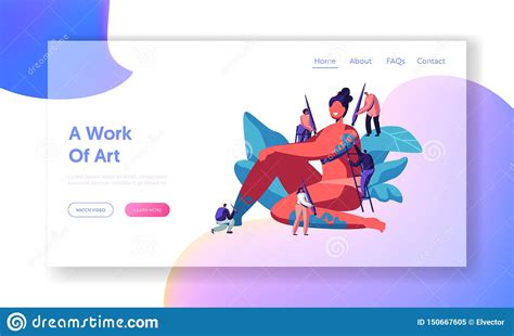 Body Design Website Landing Page Tiny Characters With Paint Brushes Drawing On Body Of Huge