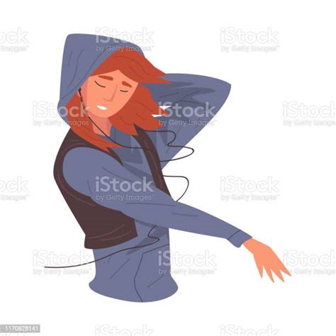웃는 소녀 후디 듣는 음악 이어폰 댄스 행복한 소녀 스마트폰 또는 오디오 플레이어 벡터 일러스트 녹음 장비에 대한 스톡 벡터