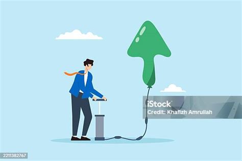 사업가의 평면 그림은 공기 펌프를 떠 다니는 녹색 화살표로 팽창 풍선 사업 소득 임금 인상 성장 개선 가격 인상 가격에 대한 스톡 벡터 아트 및 기타 이미지 Istock