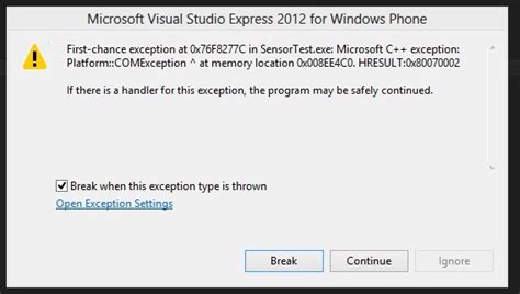 Visual Studio First Chance Exception At X F C In Sensortest Exe