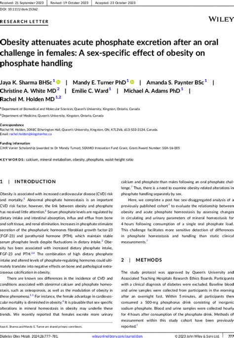 Obesity Attenuates Acute Phosphate Excretion After An Oral Challenge In Females A Sex‐specific