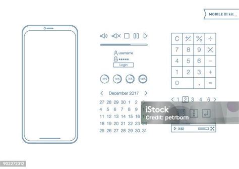 모바일 화면 사용자 인터페이스 키트입니다 심플한 디자인 Ui입니다 모바일 스마트폰 및 모바일 웹사이트를 위한 템플릿입니다 달력 계산기 로그인 및 암호 패널 비디오 컨트롤