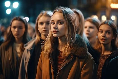 Multitud de mujeres jóvenes en las calles de la ciudad con ropa informal las feministas