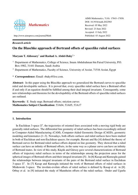 Pdf On The Blaschke Approach Of Bertrand Offsets Of Spacelike Ruled Surfaces