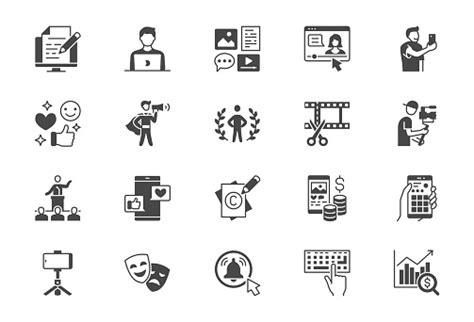 블로거 플랫 글리프 아이콘 벡터 일러스트에는 블로그 수익 창출 비디오 편집 개인 브랜드 카피 라이팅 비디오 그래퍼 블랙 실루엣 사진 으로 아이콘이 포함되어 있습니다