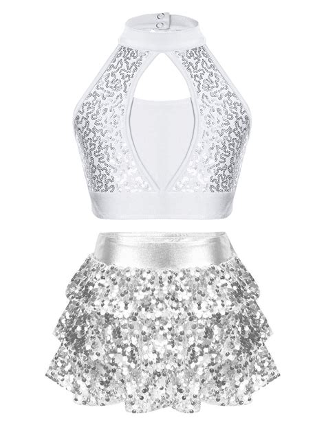 Iefiel Girls 2pcs Dance Outfit Sparkle Sequins Crop Top With Ruffles